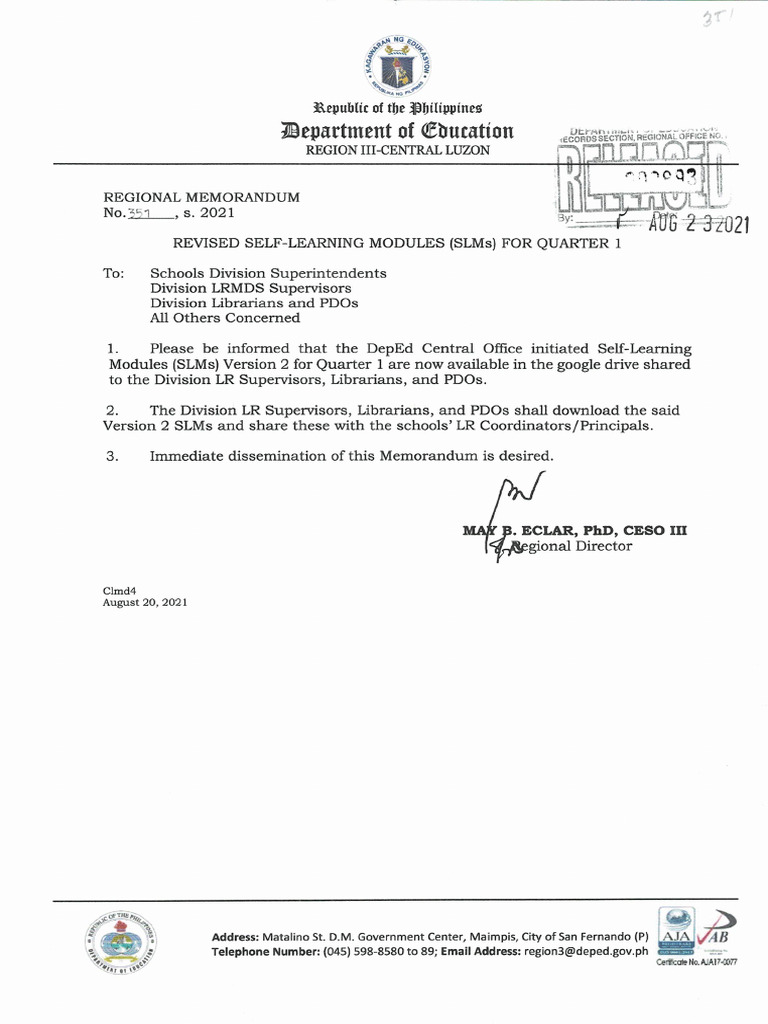 RM No. 351, s. 2021 - Revised Self-Learning Modules (SLMs) for Quarter ...