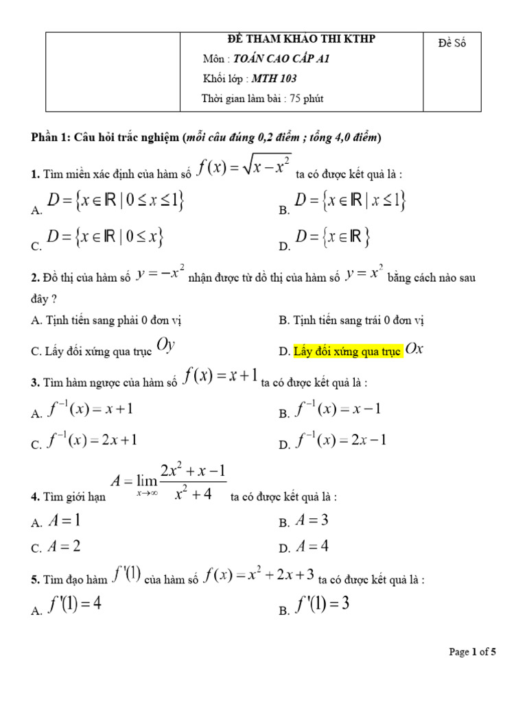 MTH 103 de Tham Khao Thi KTHP | PDF
