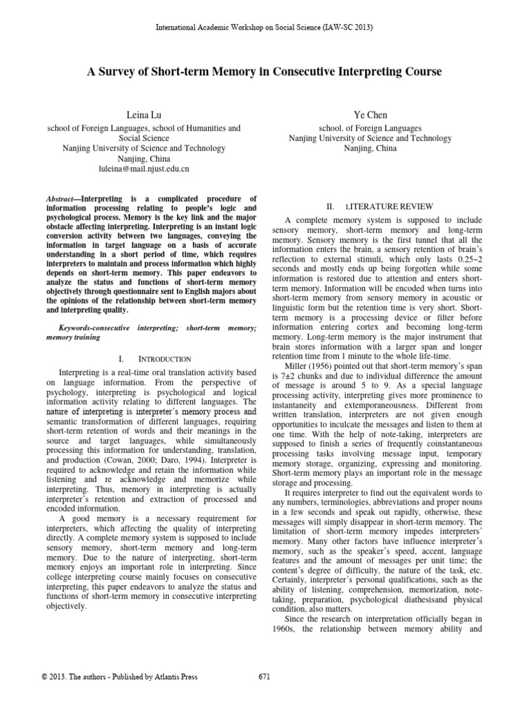 A Survey of Short-Term Memory in Consecutive Interpreting Course | PDF