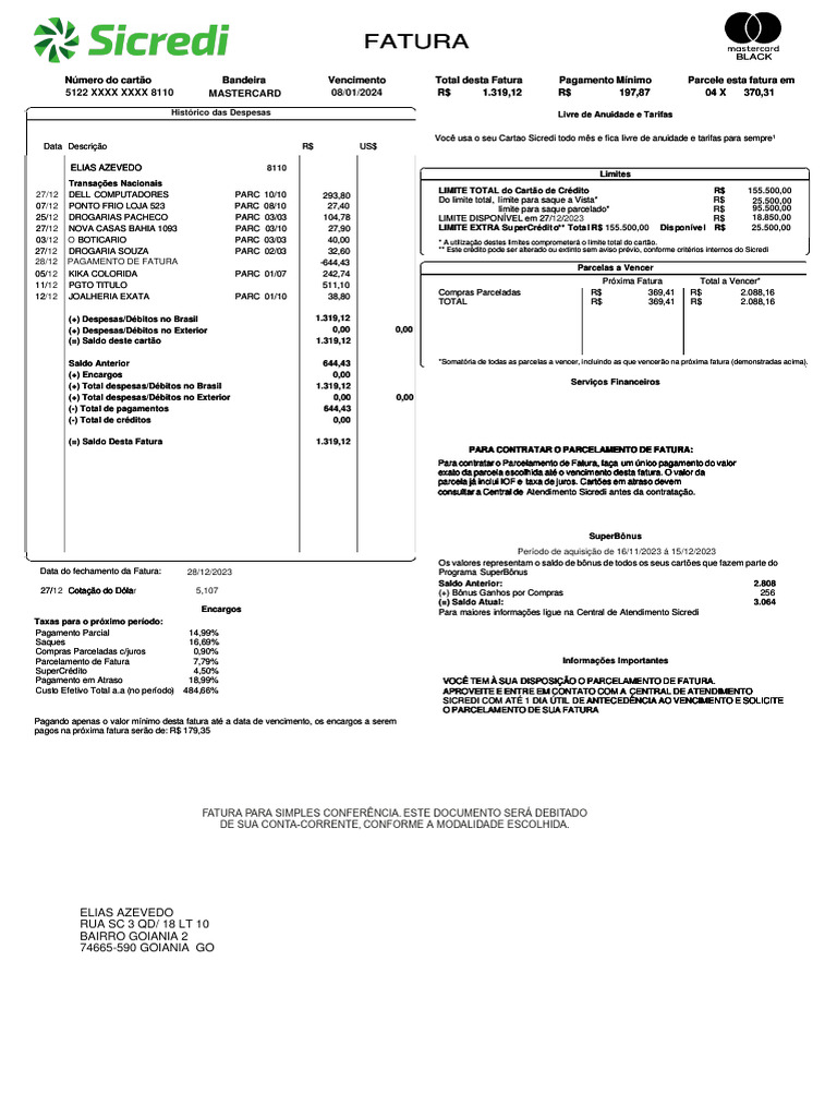 Sicredi 2022 Fatura | PDF