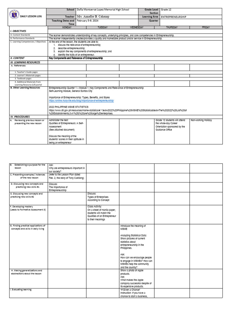 ENTREP DLL Week 1 Characteristics of An Entrepreneur | PDF