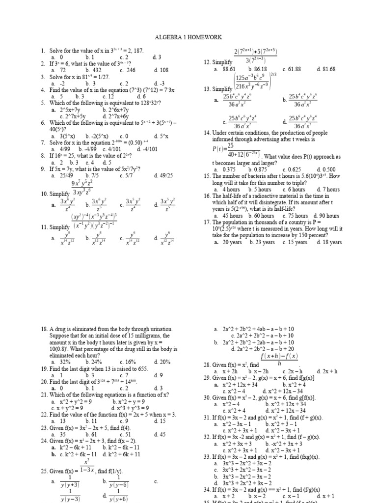 Algebra 1 Homework | PDF | Logarithm | Prime Number