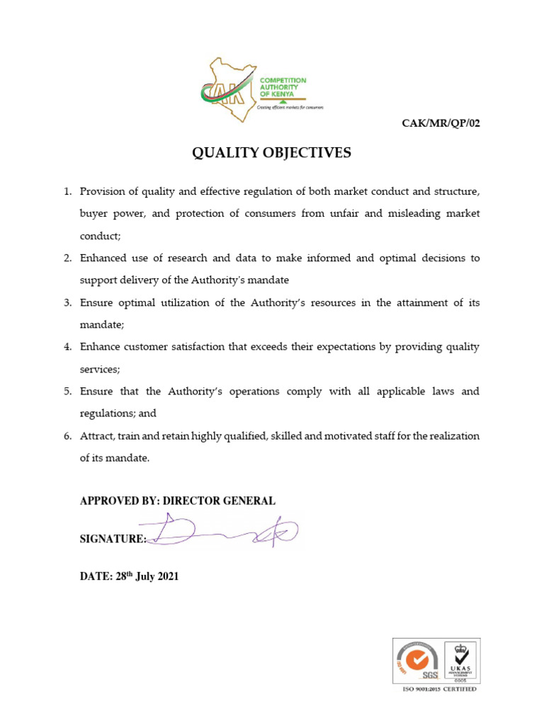 Quality Objectives for Regulatory Authority | PDF