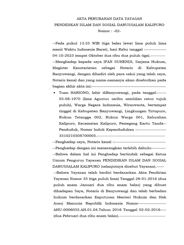 Akta Perubahan Data Yayasan Darussalam Kalipuro Revisi 5 Okt 2023 New | PDF