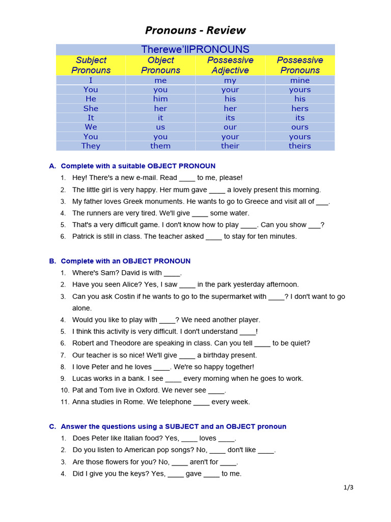 Pronouns Review A | PDF