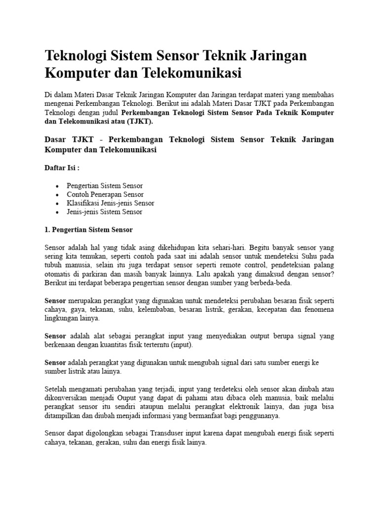 Teknologi Sistem Sensor Teknik Jaringan Komputer Dan Telekomunikasi | PDF