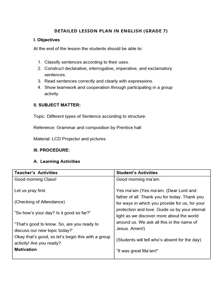 Detailed Lesson Plan in English Grade 7 | PDF