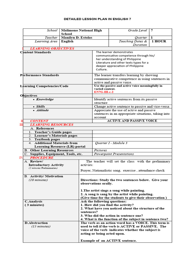 DETAILED LESSON PLAN IN ENGLISH 7-Week 3 | PDF | Verb | Learning
