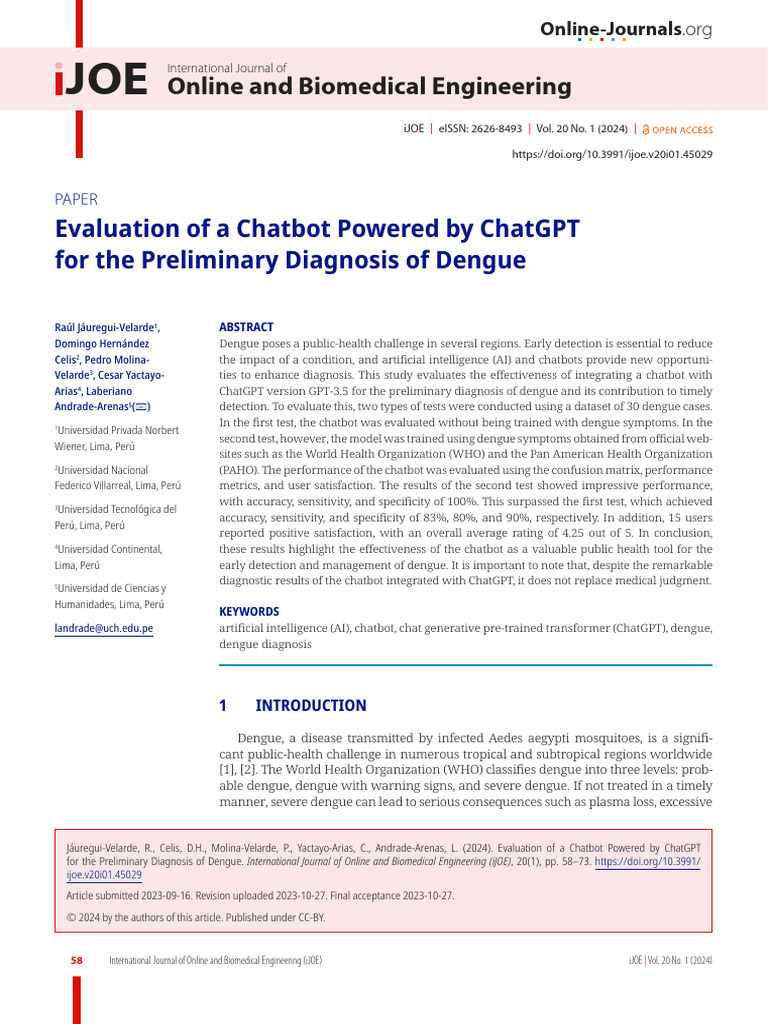 Evaluation of A Chatbot Powered by ChatGPT For The Preliminary Diagnosis of Dengue | PDF ...
