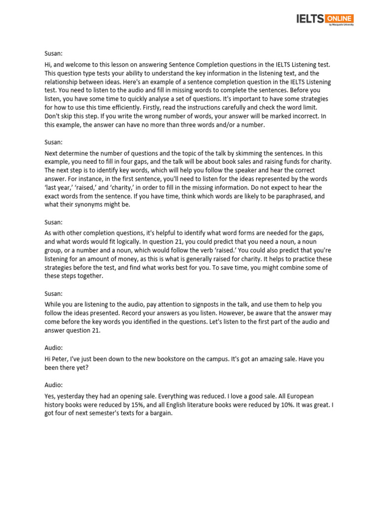 Sentence Completion How To Answer - Transcript | PDF | Question | International English Language ...