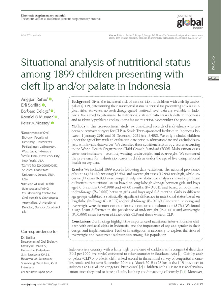 Situational Analysis of Nutritional Status Among 1989 Children Presenting With Cleft Lip Palate ...