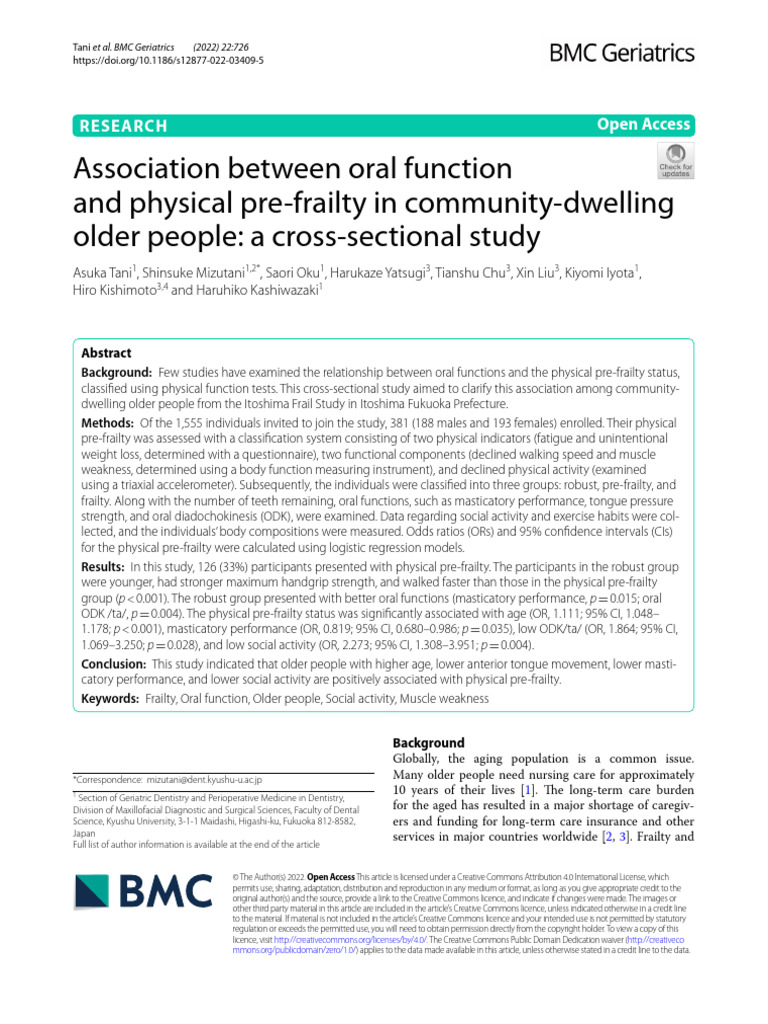 Association Between Oral Function and Physical Pre-Frailty in Community ...