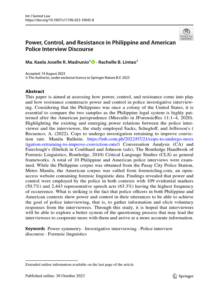 Madrunio and Lintao 2023 Power, Control, and Resistance in Philippine and American Police ...