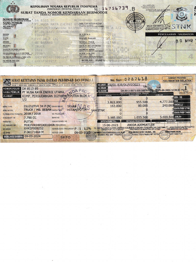 STNK & Pajak Da 8513 Bs | PDF