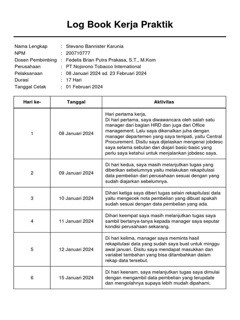 Log Book Kerja Praktik di PT Nojorono | PDF