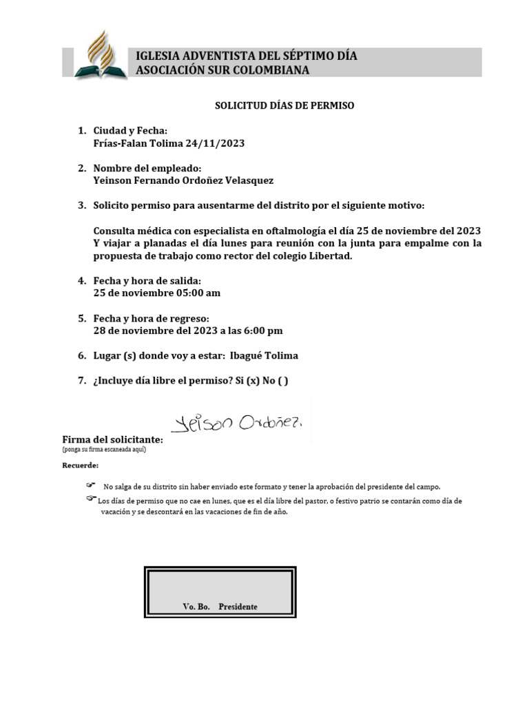 Solicitud de Permiso Salida Yeison Ordoñez | PDF