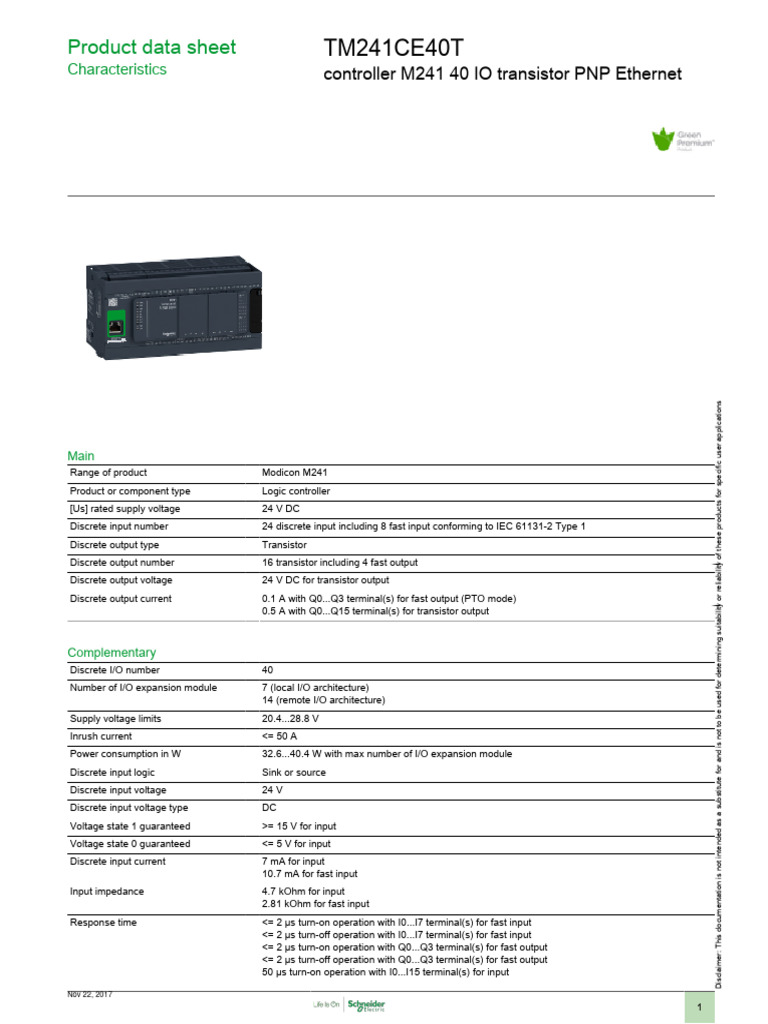 Logic Controller - Modicon M241 - TM241CE40T | PDF
