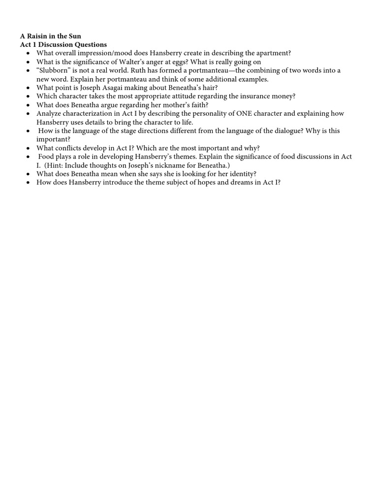 A Raisin in The Sun (Discussion Question) Act 1 | PDF