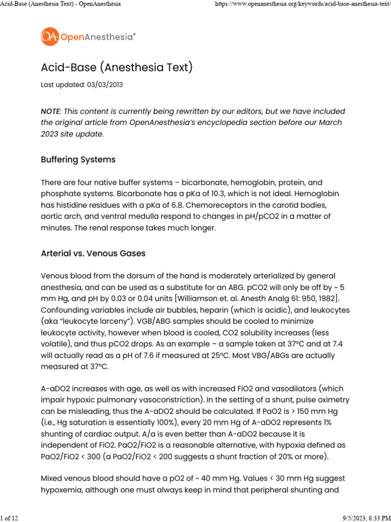 Acid-Base (Anesthesia Text) - OpenAnesthesia | PDF | Medical ...