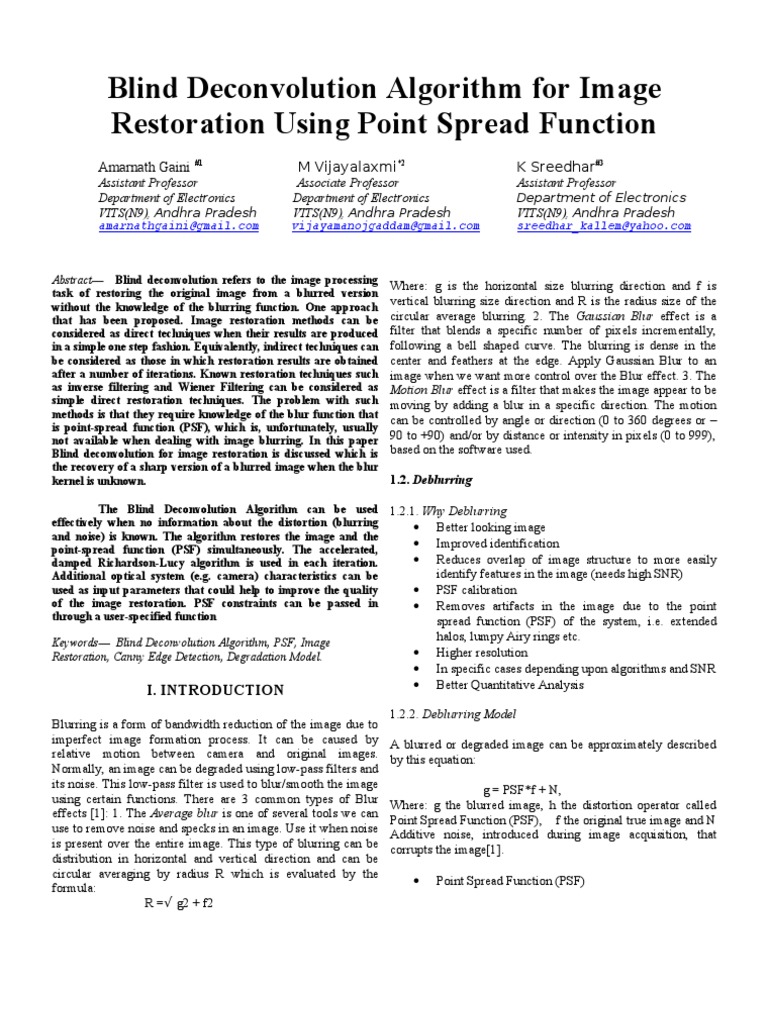 Blind Deconvolution Algorithm For Image Restoration Using Point Spread ... Blind Deconvolution Algorithm For Image Restoration Using Point Spread ...