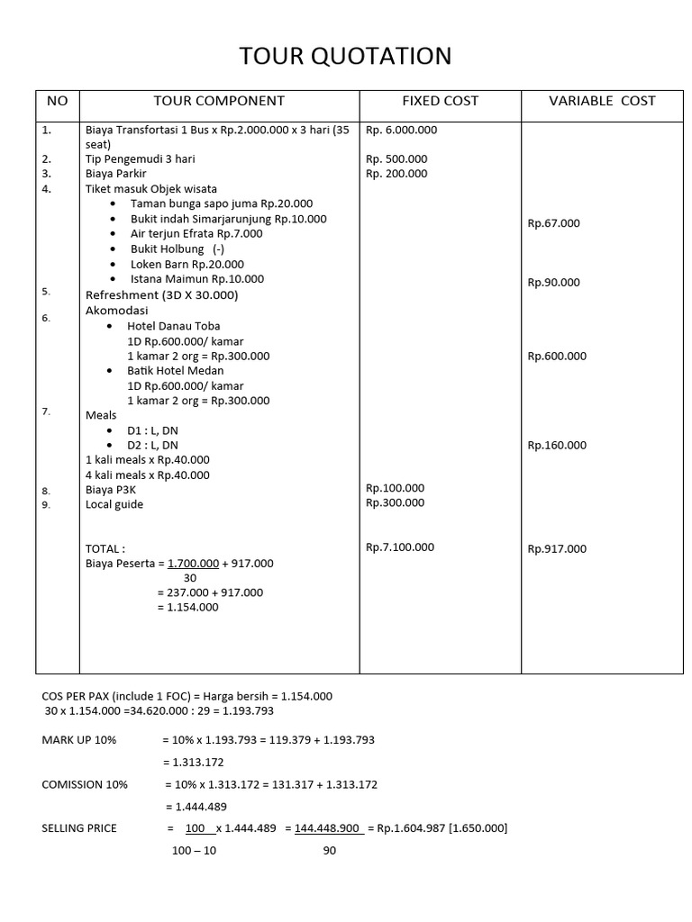Detailed Tour Quotation Breakdown | PDF