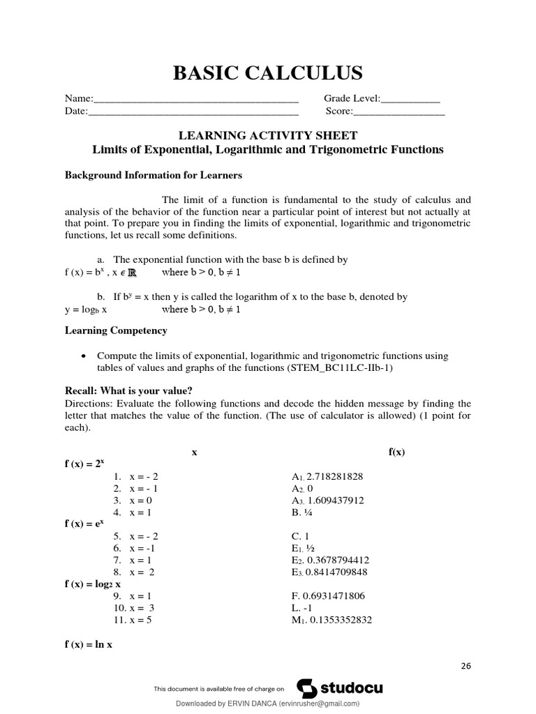 Limits of Exponential, Logarithmic and Trigonometric Functions | PDF ... Limits of Exponential, Logarithmic and Trigonometric Functions | PDF ...