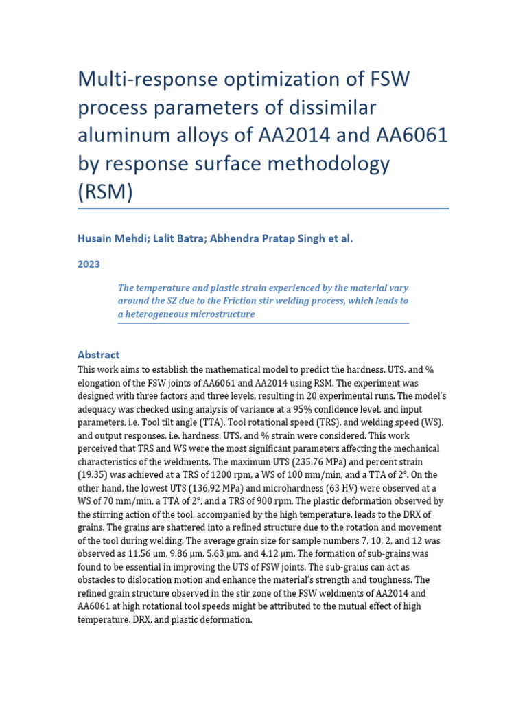 Multi Response Optimization Of Fsw Process Parameters Of Dissimilar Aluminum Alloys Of Aa2014