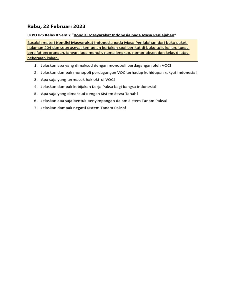 LKPD IPS Kelas 8 Sem 2 Kondisi Masyarakat Masa Penjajahan | PDF