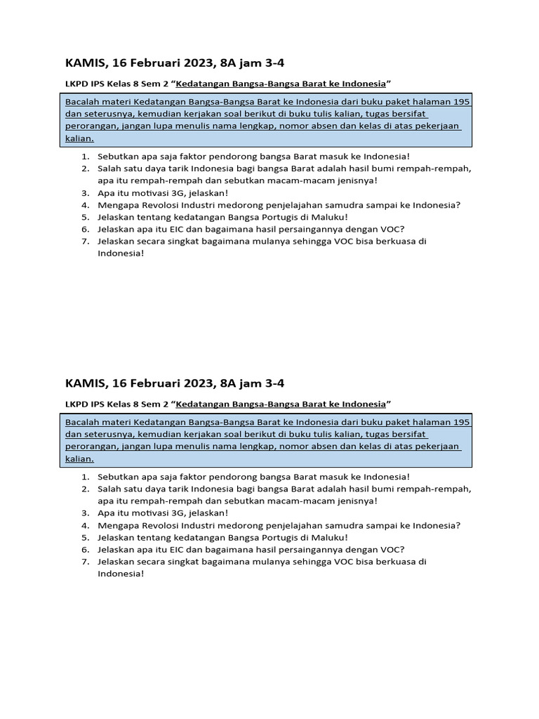 LKPD IPS Kelas 8 Sem 2 Kedatangan Bangsa Barat | PDF