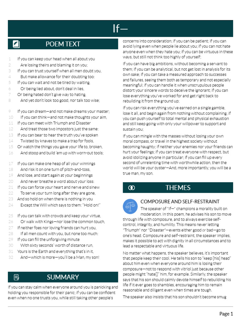 If - Rudyard Kipling (Summary, Themes & Analysis) | PDF | Stoicism | Virtue