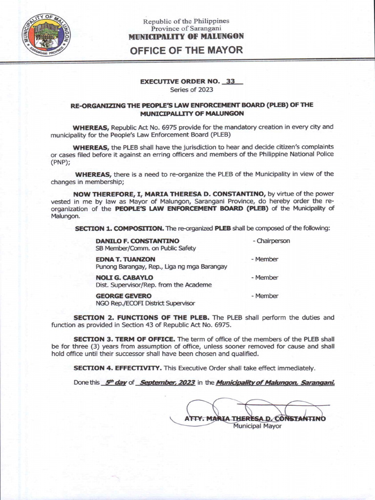 EO No. 33 S. 2023-People's Law Enforcement Board | PDF