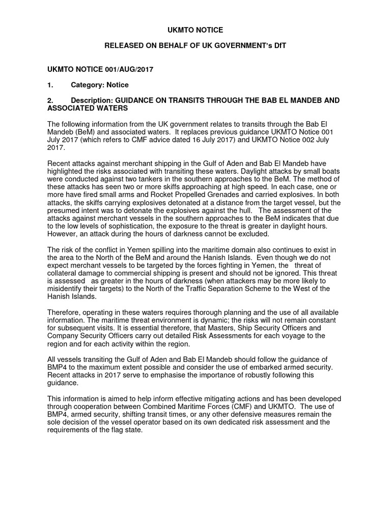 Ukmto Notice 001 Aug 2017 | PDF | Naval Mine | Water Transport