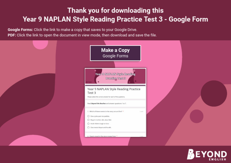 Year 9 NAPLAN Style Reading Practice Test 3 (Google Form) | PDF
