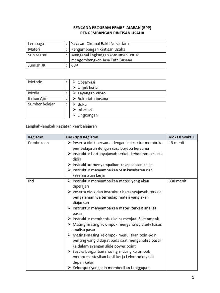 RPP Pengembangan Usaha Tata Busana | PDF