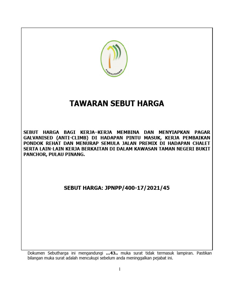 Tender - Sebutharga Membina Pagar Depan Pintu Masuk Taman Negeri No 45 ...