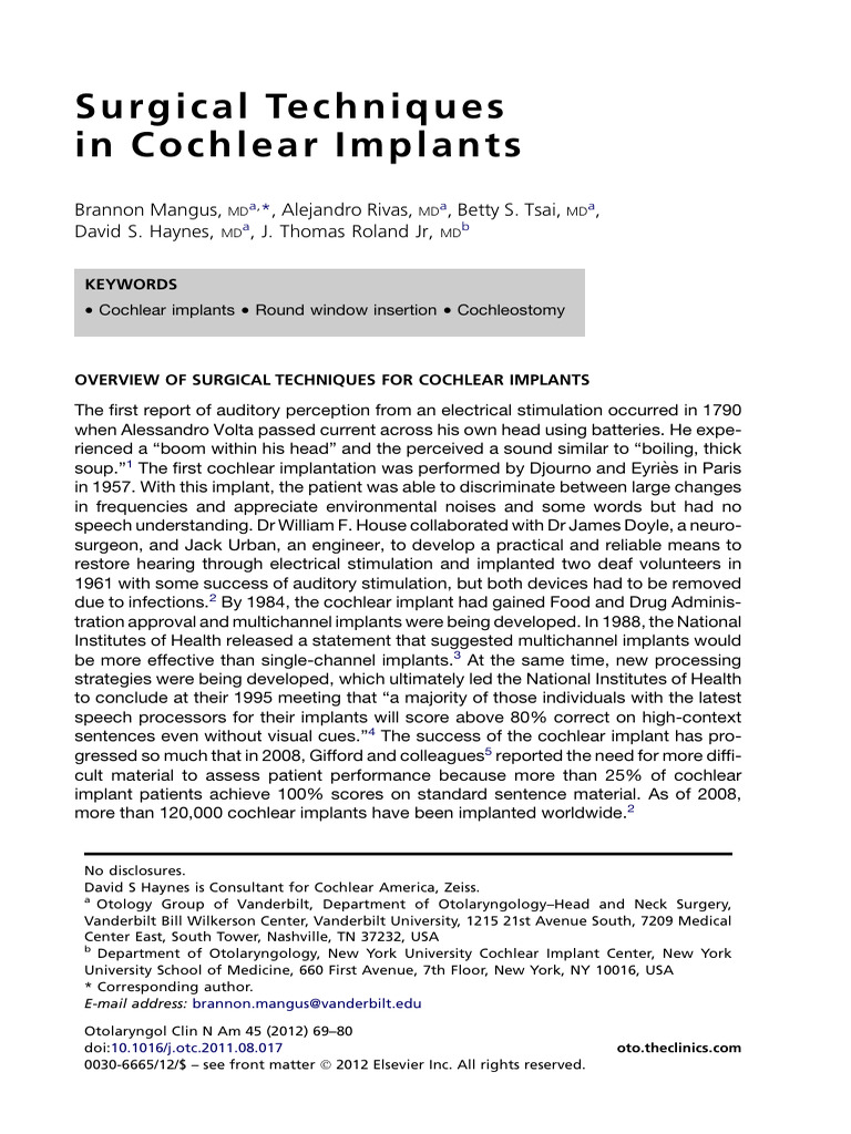 Surgical Techniques in Cochlear Implant | PDF | Ear | Hearing
