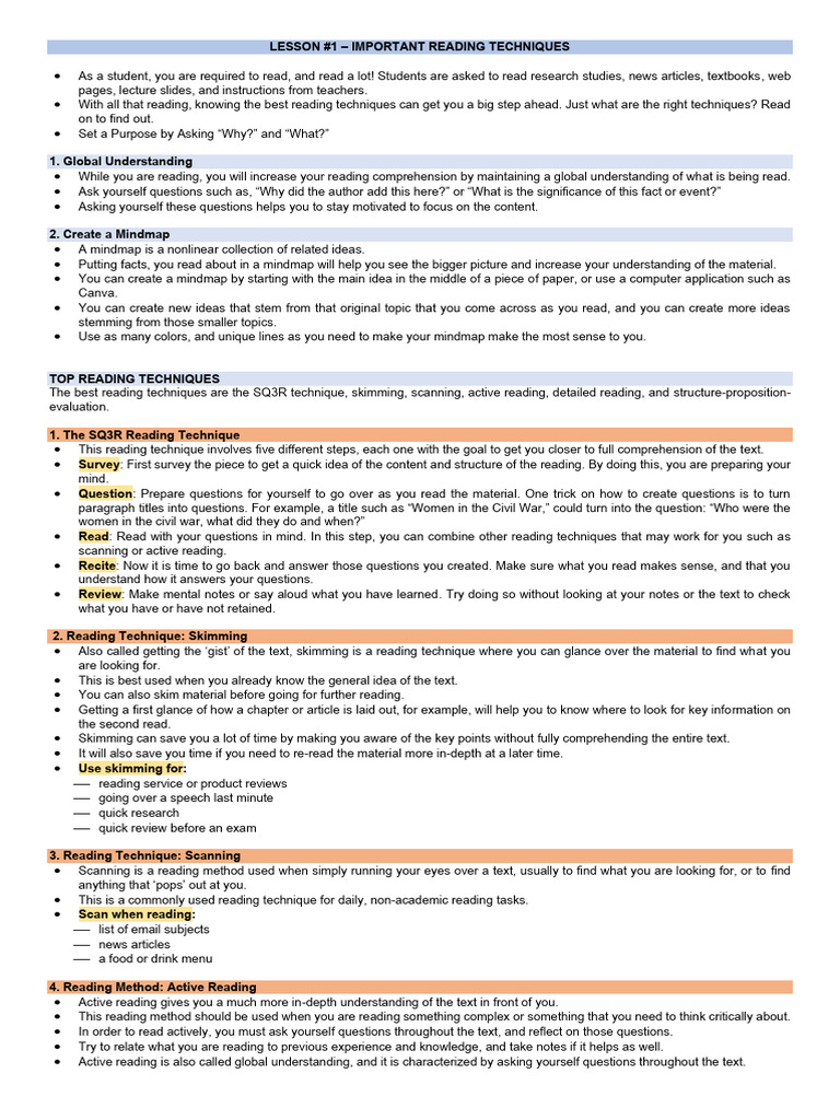LESSON #1 - IMPORTANT READING TECHNIQUES | PDF