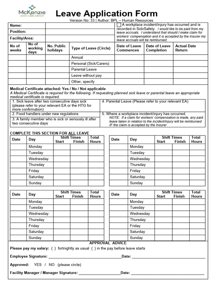 Template - Leave Application | Download Free PDF | Sick Leave | Working ...