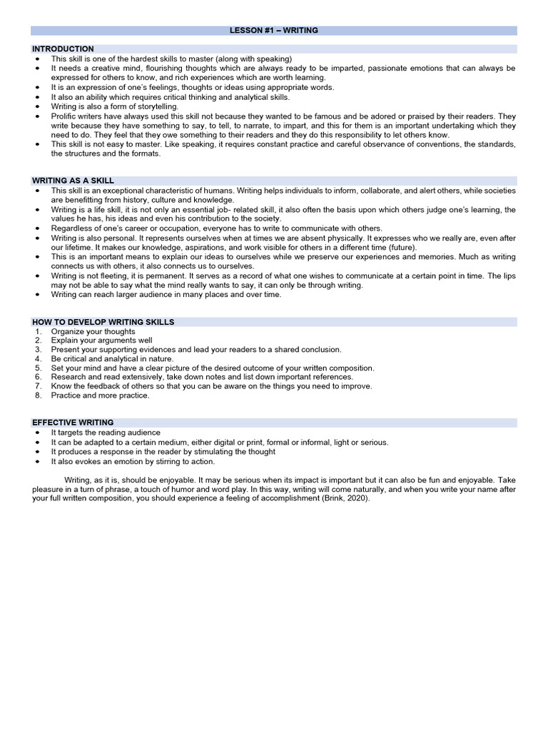 LESSON #1 - WRITING | PDF | Thought | Feeling