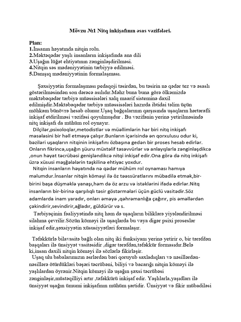 Nitq Inkişafi Metodikasi Fənnii (Mühazirələr) | PDF