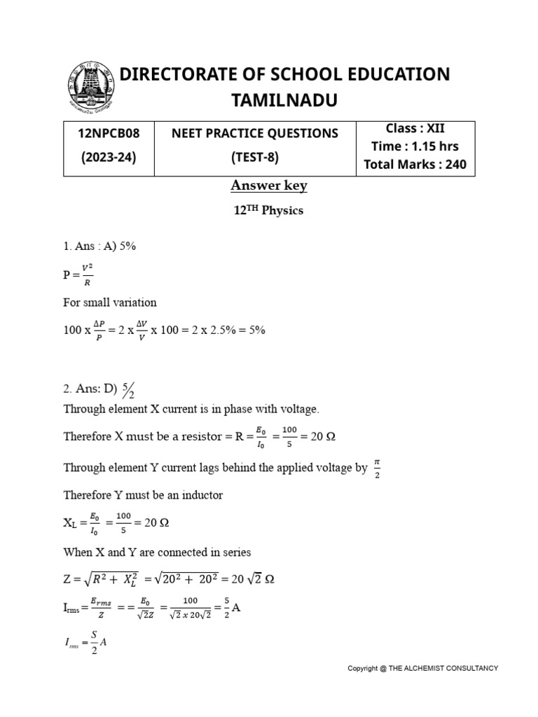 Answer Key (Test-8) Physics | PDF