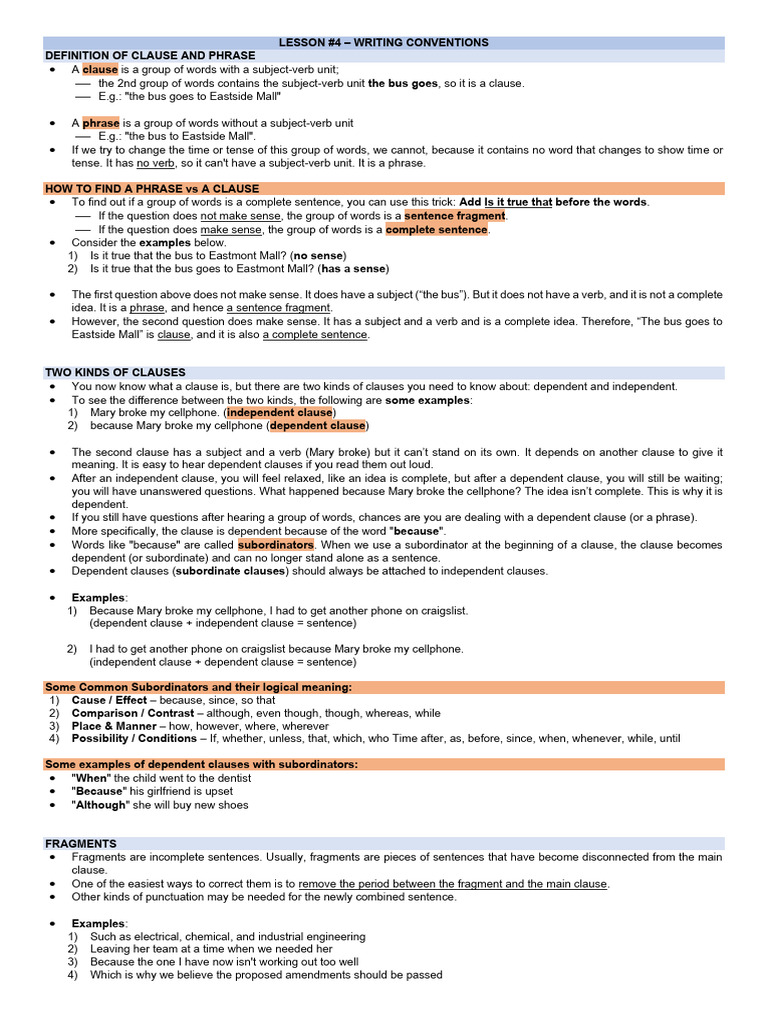 Lesson #4 - Writing Conventions | PDF | Clause | Sentence (Linguistics)