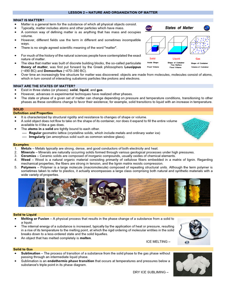 Lesson 2 - Nature and Organization of Matter | PDF | Solid | Liquids