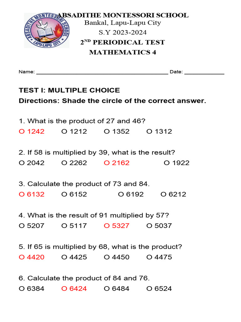 Mathematics 4 - 2ND Periodical Test | PDF