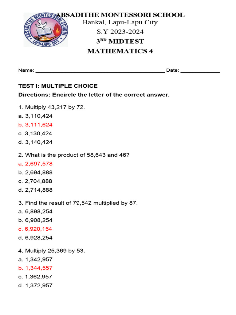 Mathematics 4 - 3D Midtest - Final | PDF | Teaching Methods & Materials