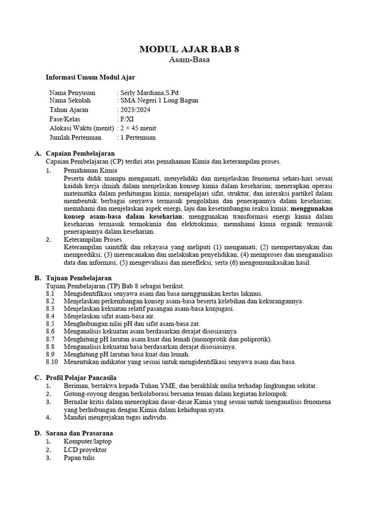 Modul Ajar Asam Basa Pertemuan Ke 1 | PDF