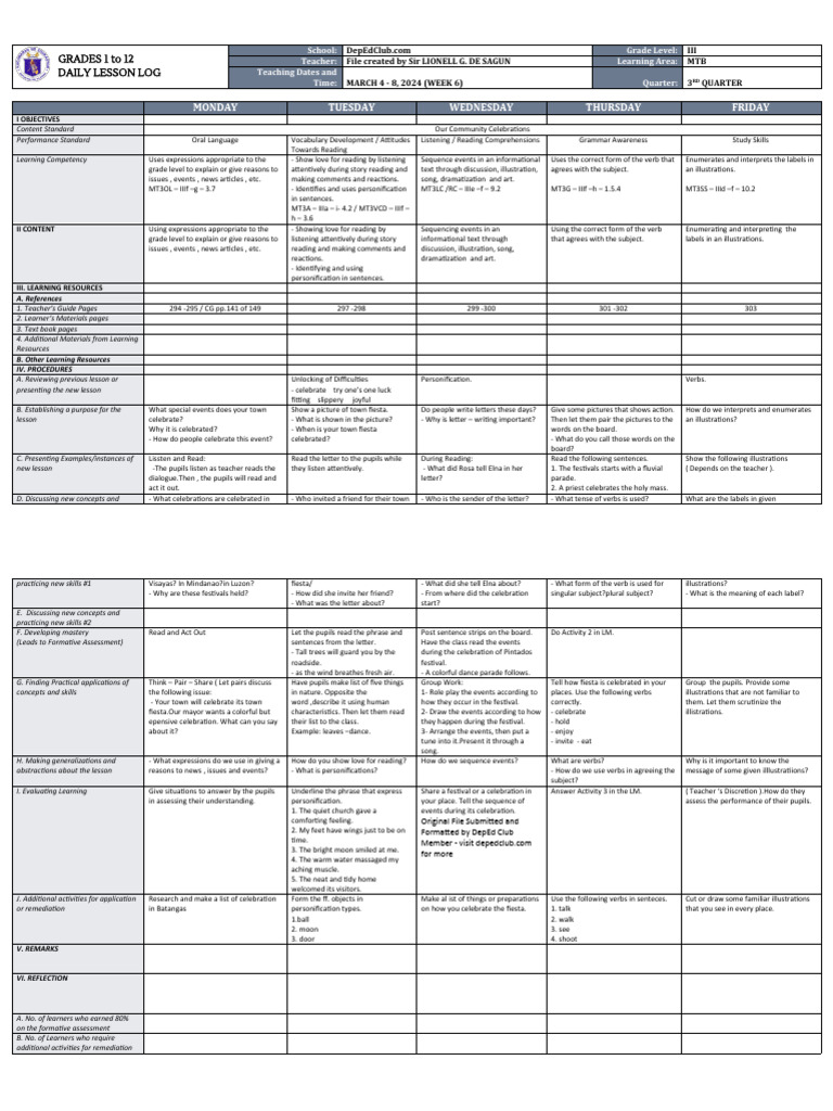 DLL - MTB 3 - Q3 - W6 | PDF