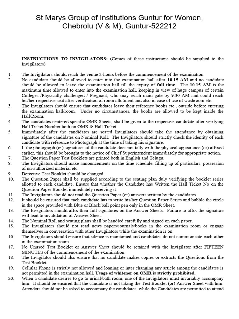 Instructions To Invigilators | PDF