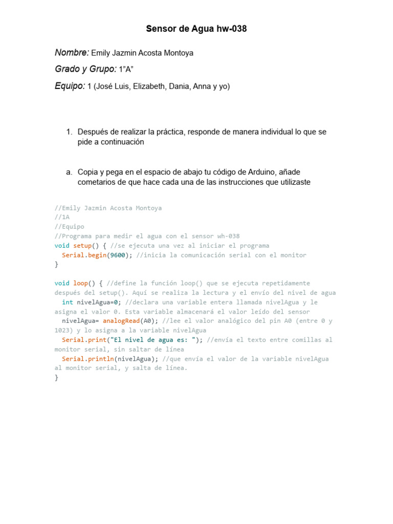 Reporte de Práctica Sensor de Agua | PDF | Arduino | Arquitectura de Computadores