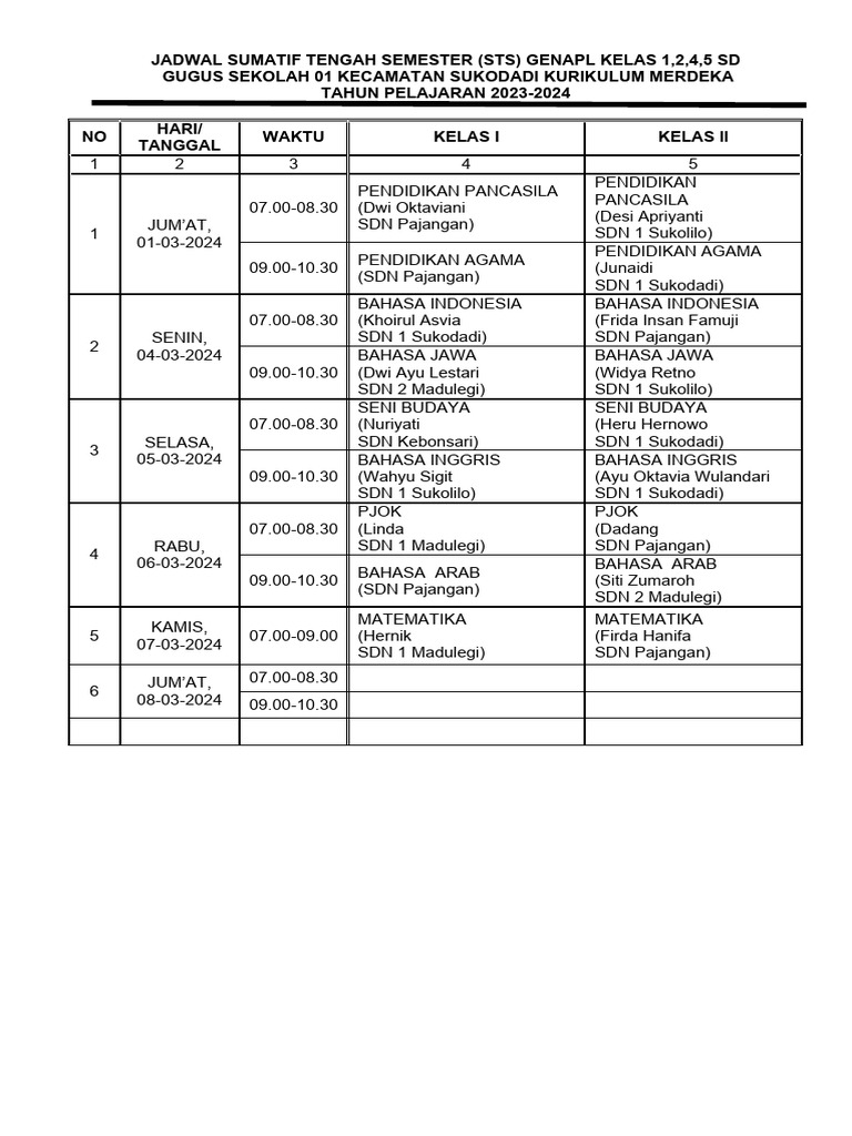 Contoh Jadwal STS Dan PTS Genap | PDF